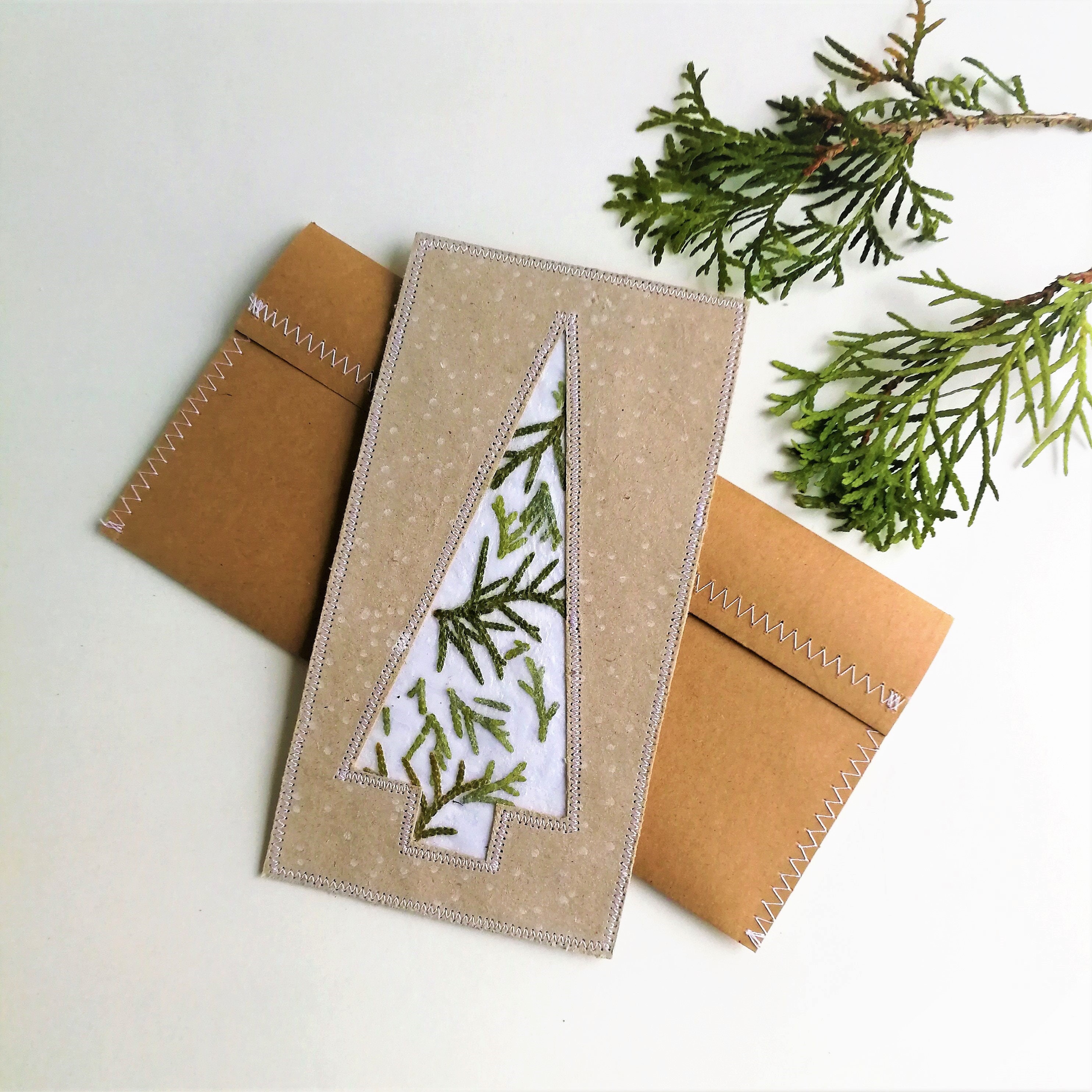 Hand Made Christmas Tree Cards and Envelopes Set of 3, Botanical ...
