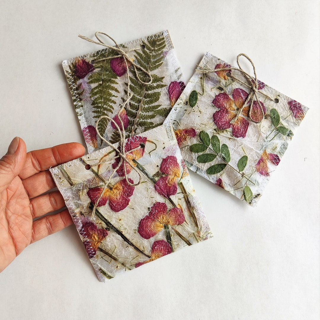 3 Mini Gift Bags, Handmade Pressed Roses Flowers Paper Small Favor Bags ...