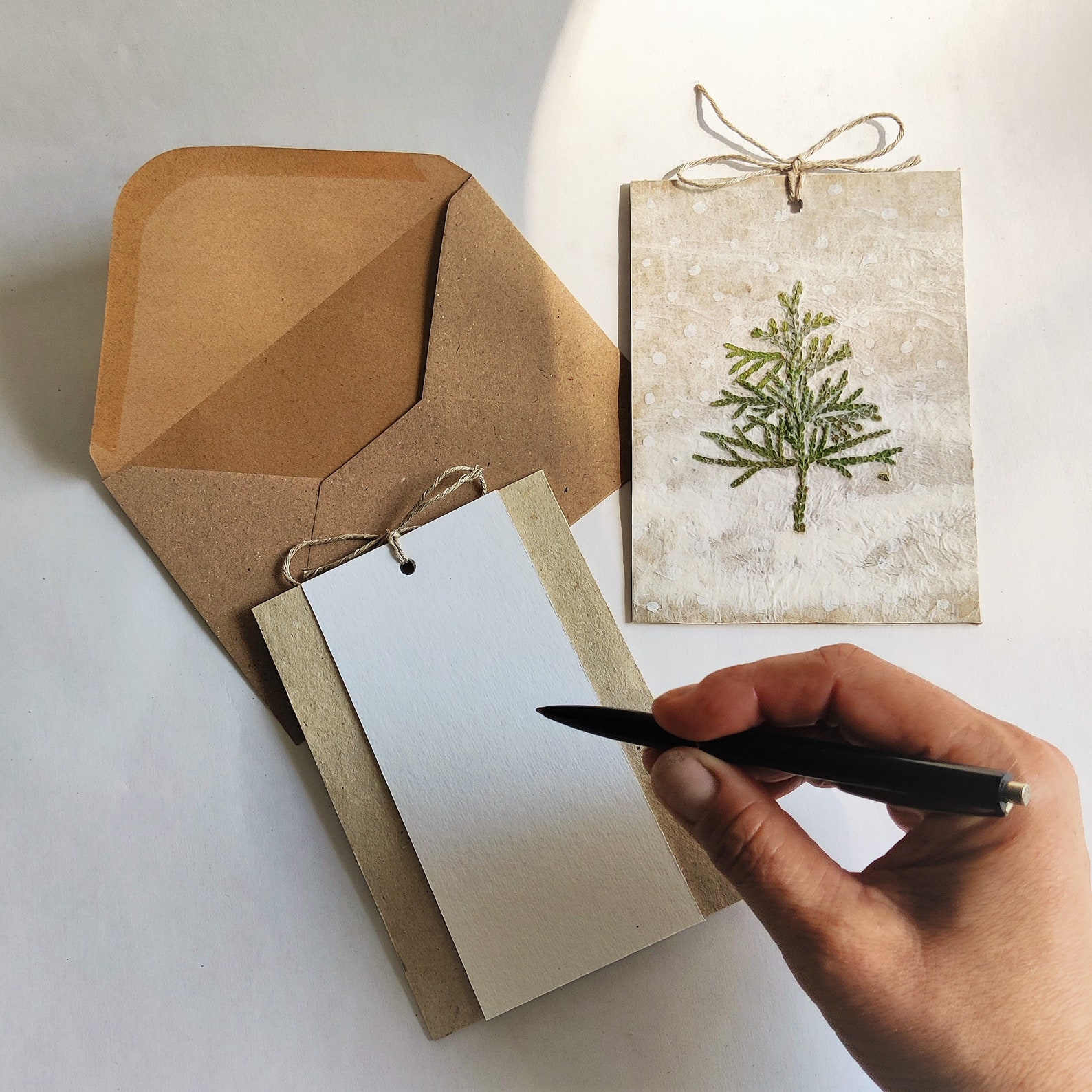 Green Christmas Tree Cards, Dried Botanical Winter Art, Handmade Paper ...