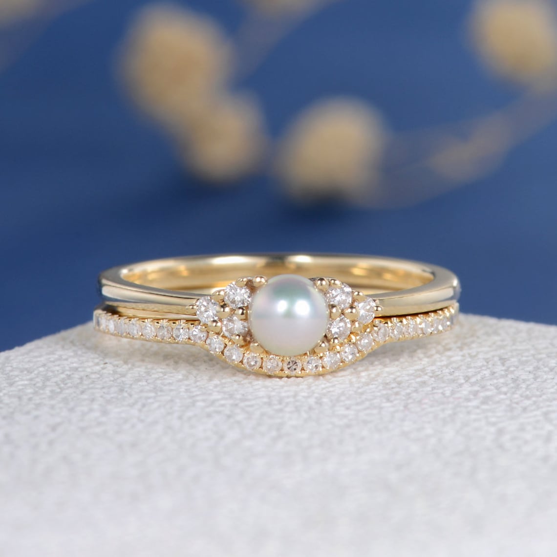 Pearl Engagement Ring Set Rose Gold Bridal Cluster Diamond Etsy