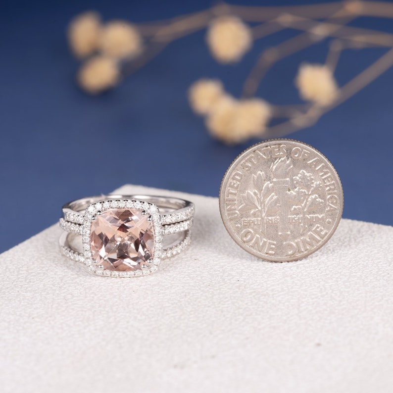 Cushion Cut Morganite Engagement Ring Rose Gold Halo Bridal Etsy