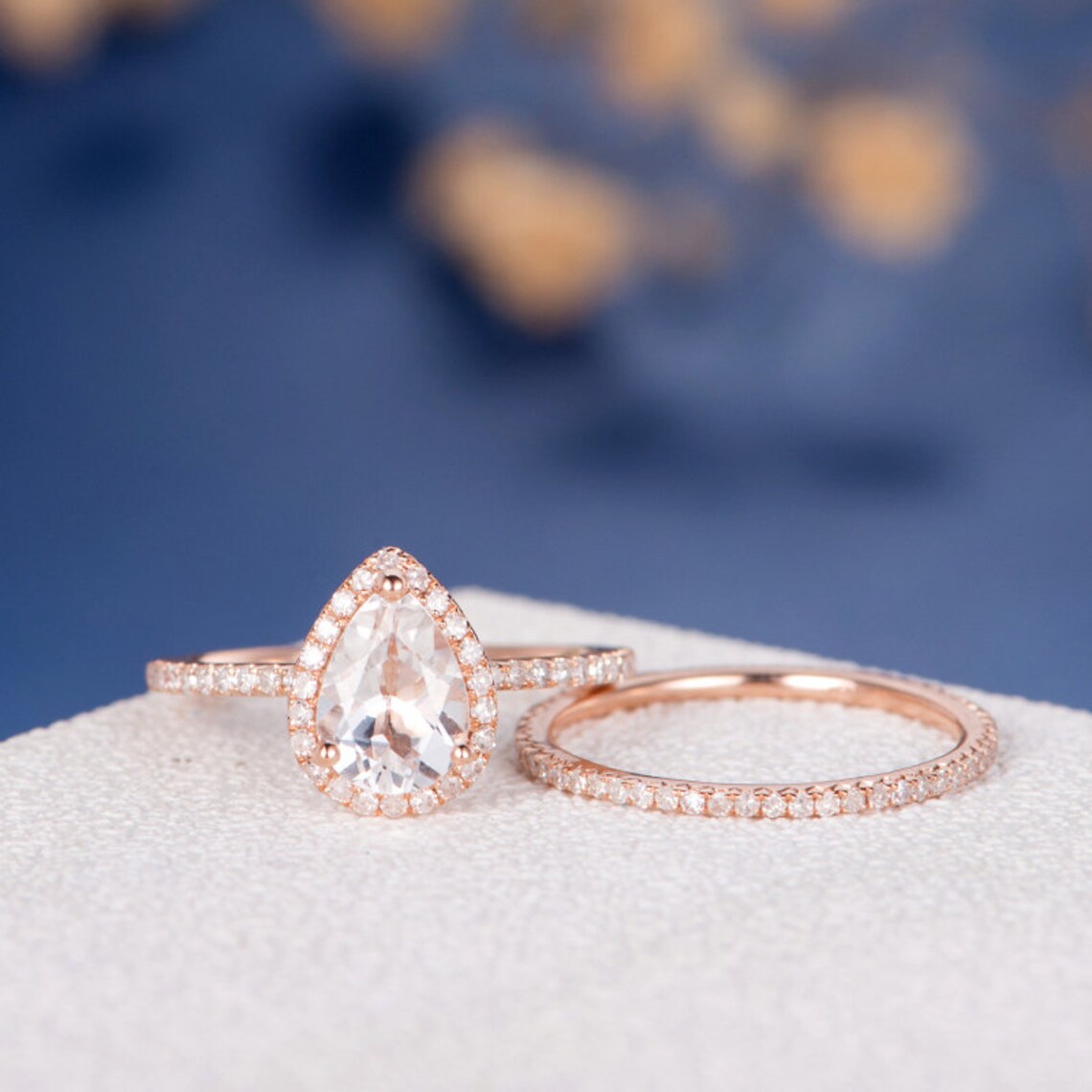 Pear Shaped Engagement Ring Rose Gold White Topaz Bridal Set - Etsy