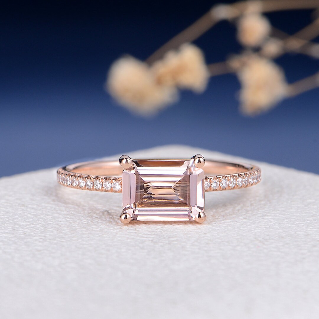 6x8mm Emerald Cut Morganite Engagement Ring Rose Gold Diamond Etsy