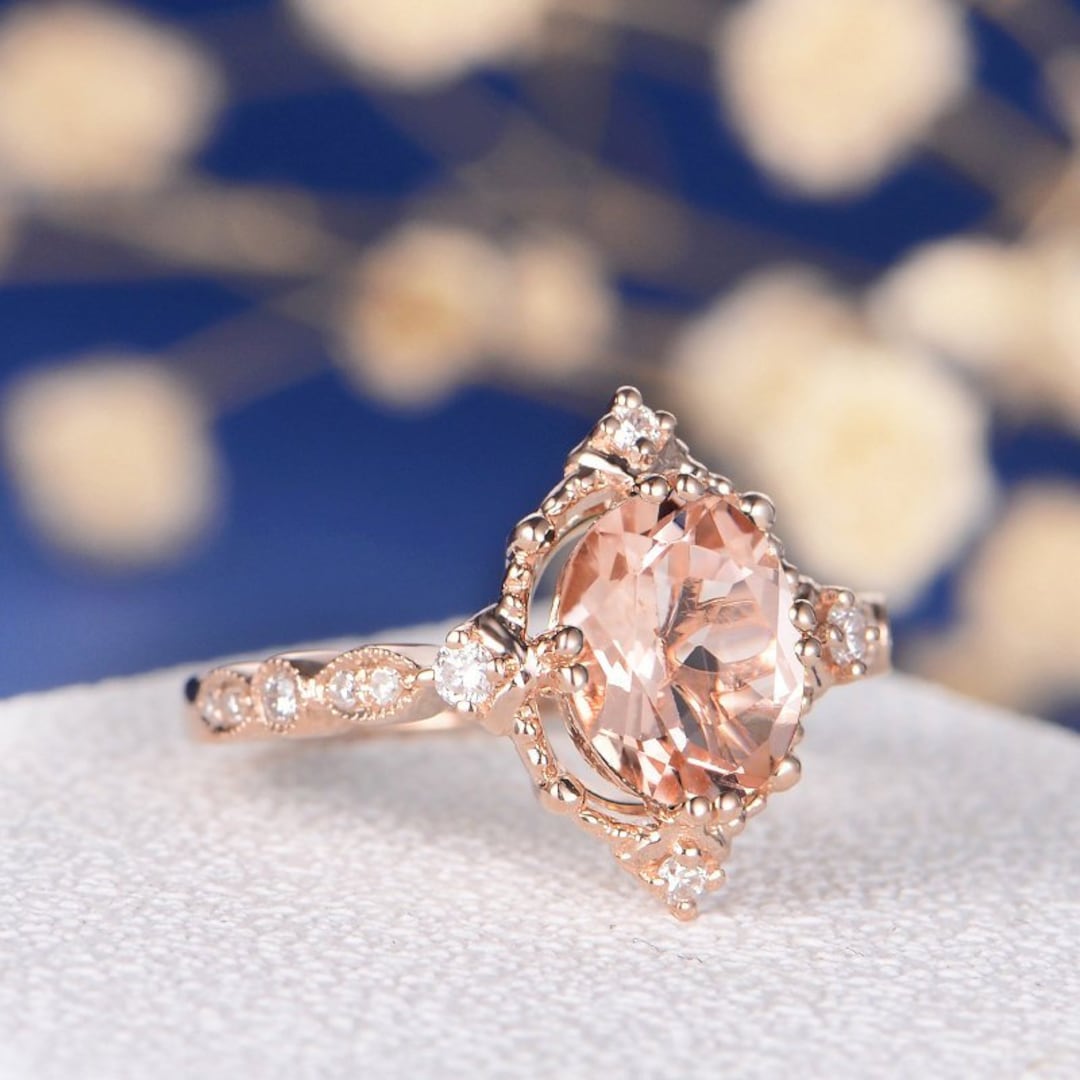 Antique Morganite Ring Rose Gold Oval Cut Morganite Engagement Ring Milgrain Diamond Beaded Halo ...