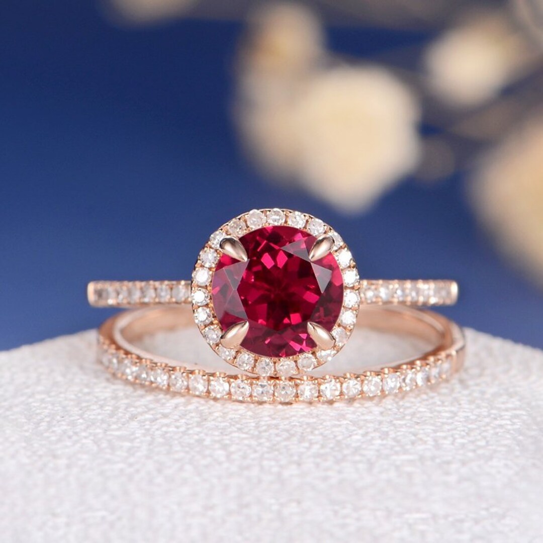 Lab Ruby Bridal Set Lab Ruby Engagement Ring Rose Gold Natural Diamond ...