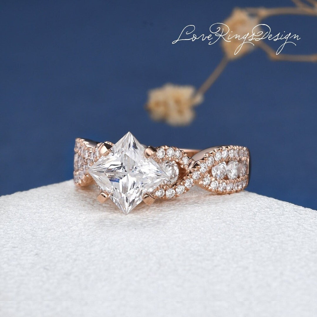 Unique Engagement Ring Princess Cut Moissanite Ring Opal Diamond Ring ...