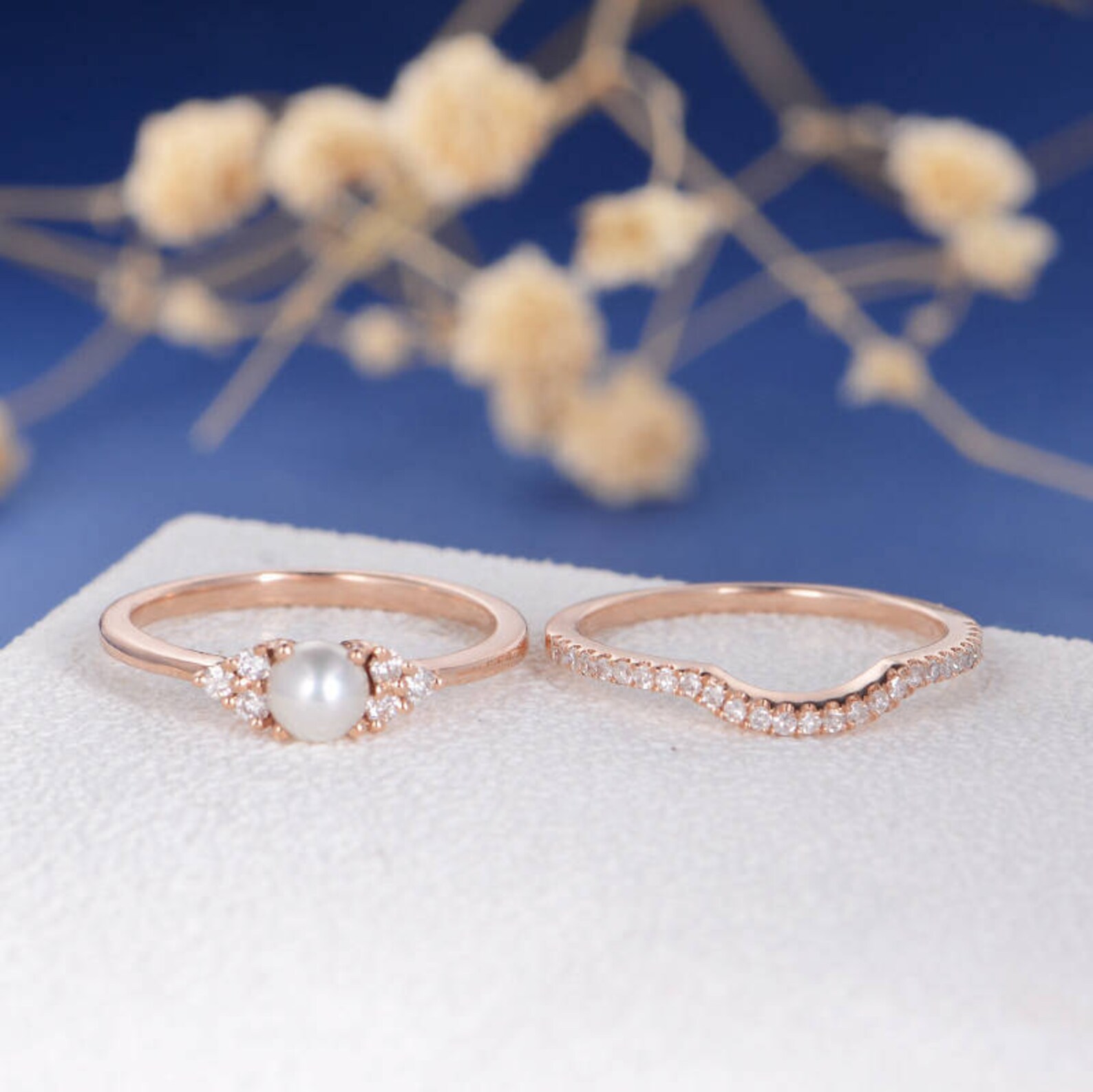 Pearl Engagement Ring Set Rose Gold Bridal Cluster Diamond Etsy