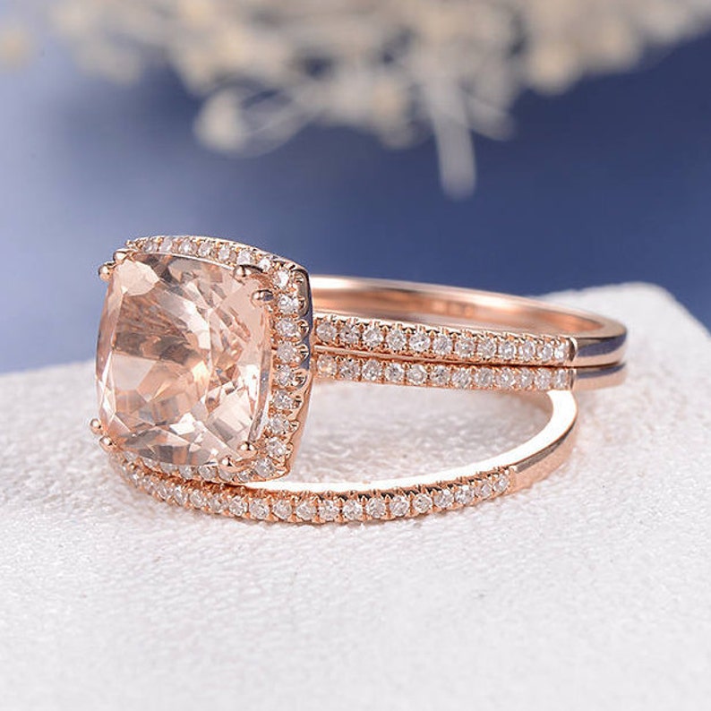 Cushion Cut Morganite Engagement Ring Rose Gold Halo Bridal Etsy