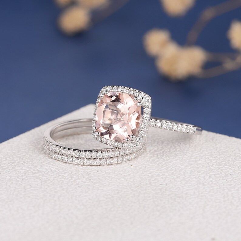 Cushion Cut Morganite Engagement Ring Rose Gold Halo Bridal Etsy