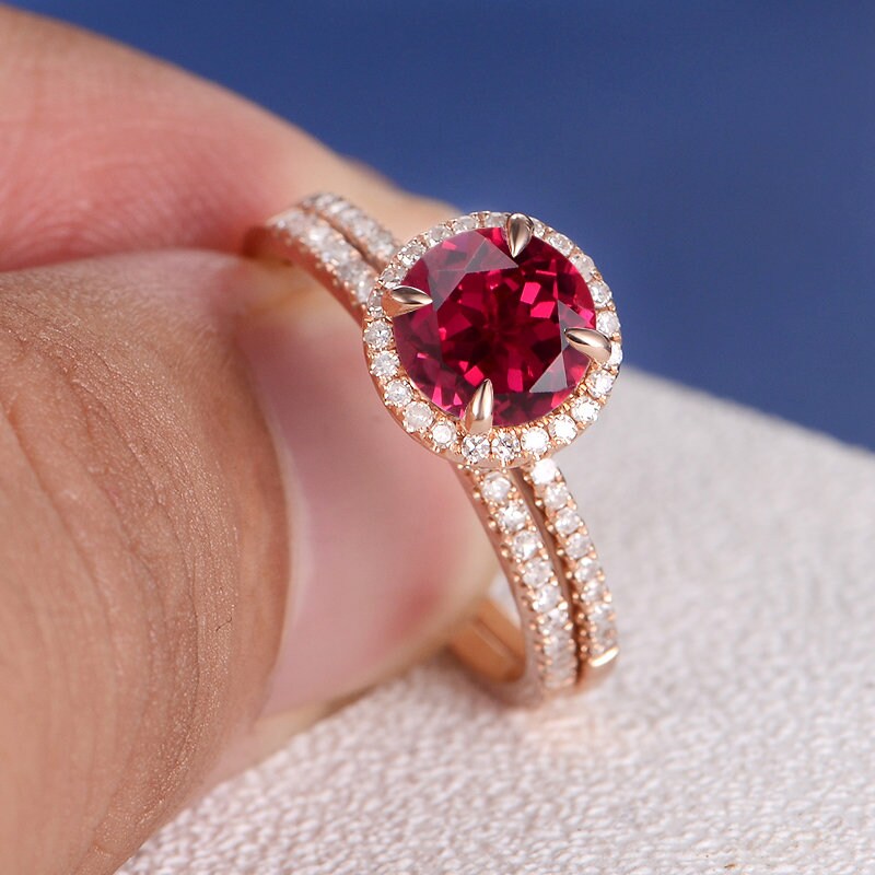 Lab Ruby Bridal Set Lab Ruby Engagement Ring Rose Gold Natural | Etsy