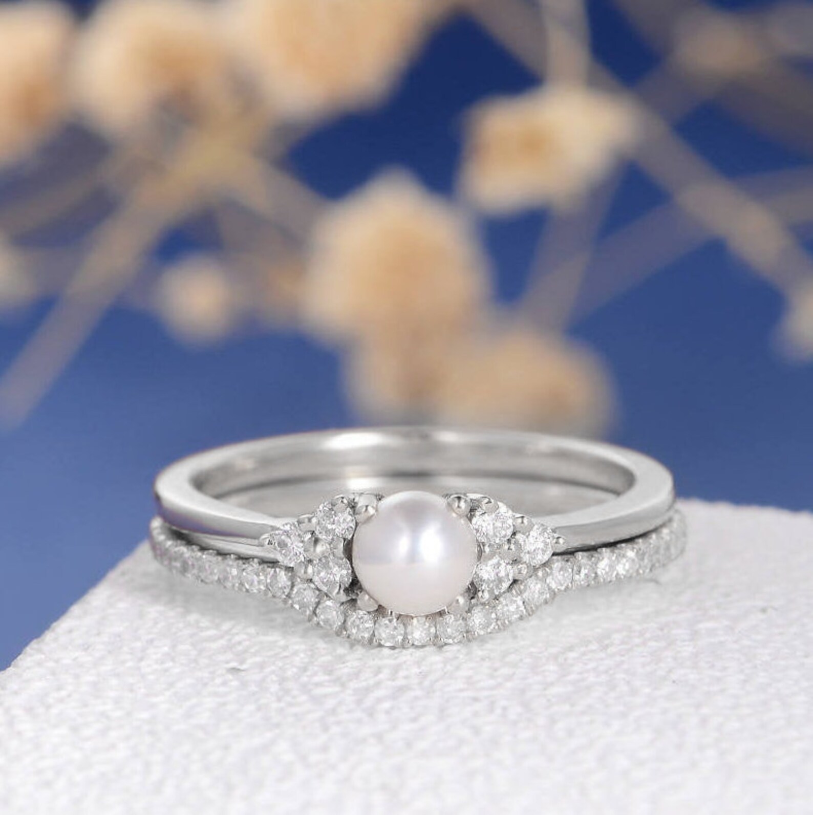 Pearl Engagement Ring Set Rose Gold Bridal Cluster Diamond Etsy