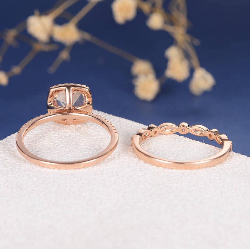 Cushion Cut Morganite Engagement Ring Set Rose Gold Halo Etsy