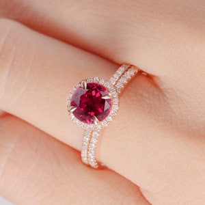 Lab Ruby Bridal Set Lab Ruby Engagement Ring Rose Gold Natural Diamond ...