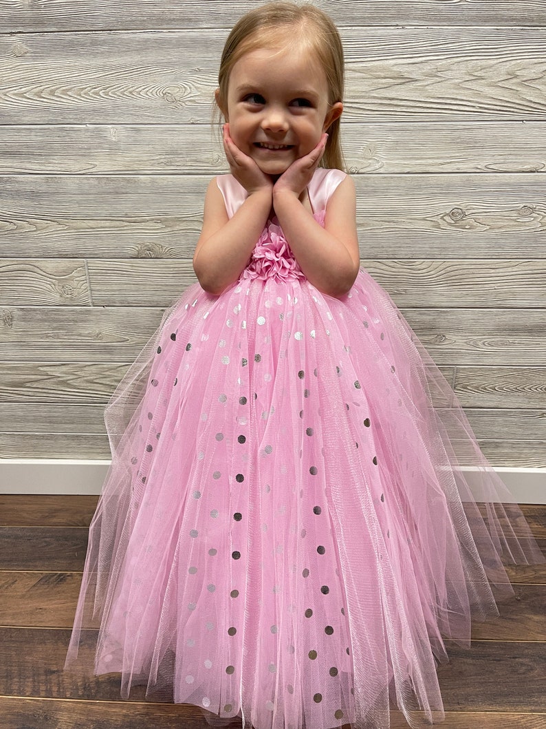 Pink With Silver Polka Dot Tulle Princess Tutu Dress - Floral Bodice ...