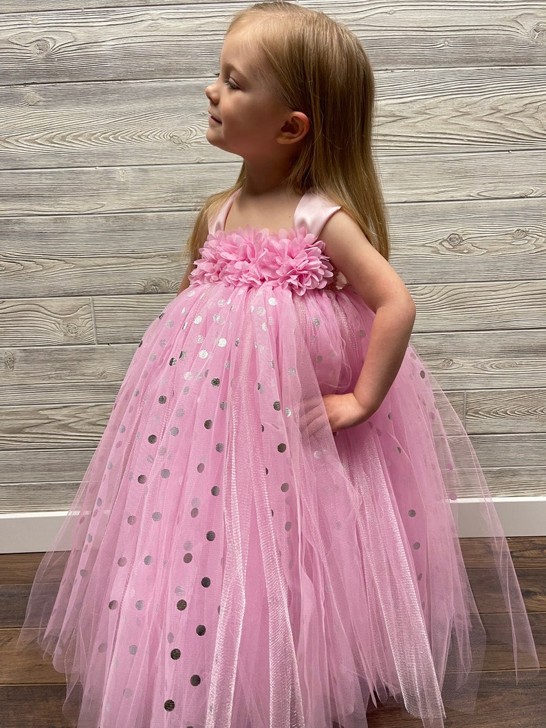 Pink With Silver Polka Dot Tulle Princess Tutu Dress - Floral Bodice ...