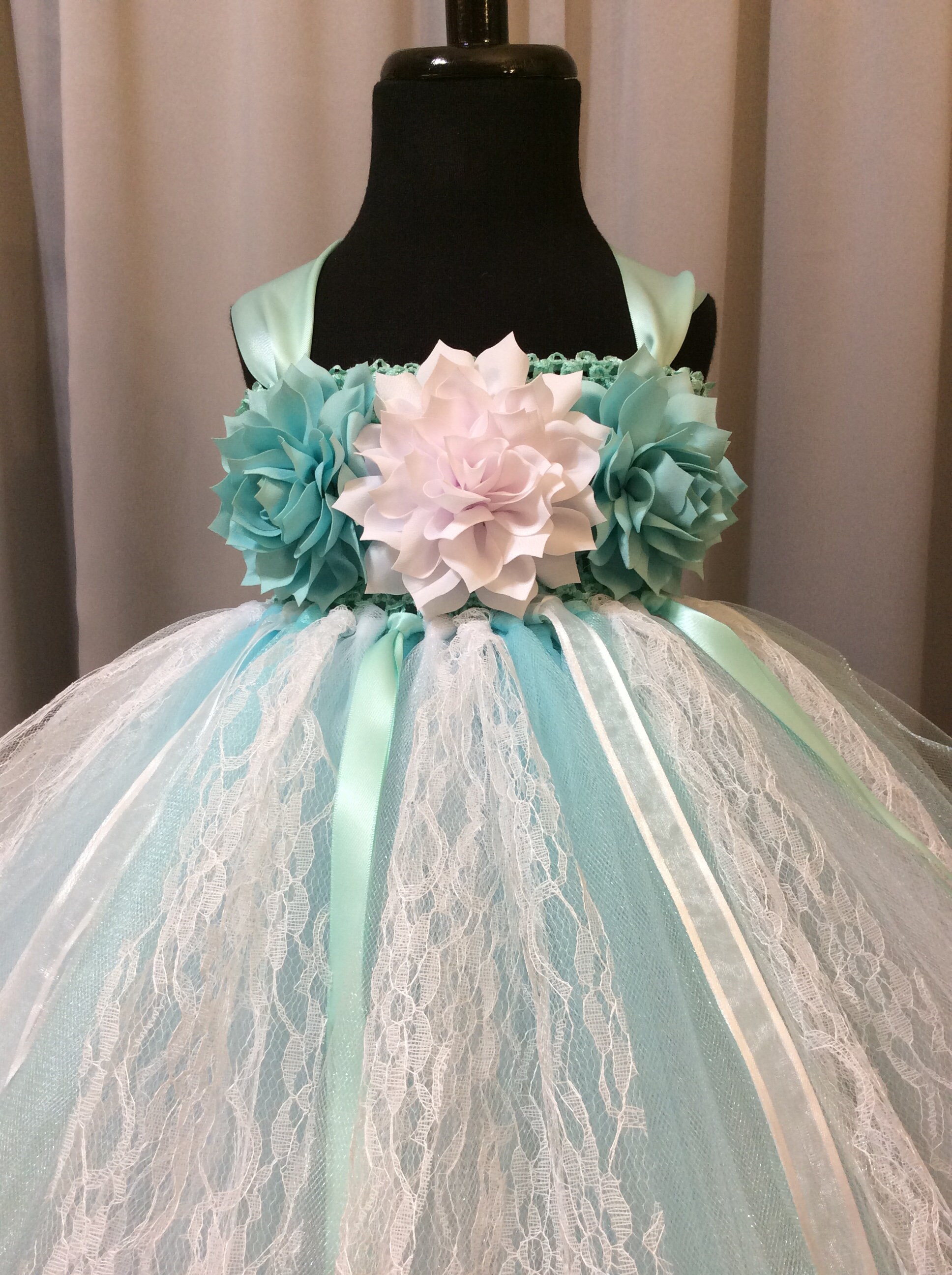 Aqua and white lace flower girl dress flower bodice flower | Etsy