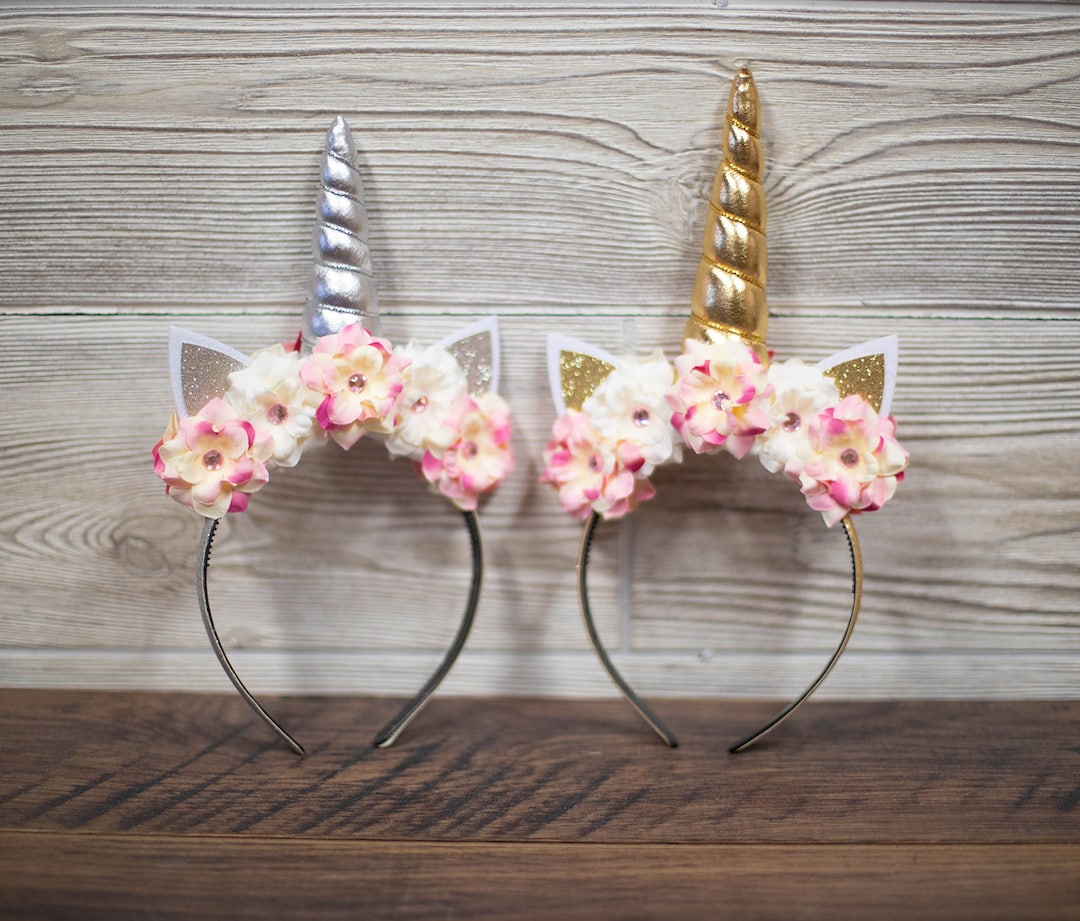 Pink & Ivory Flower Unicorn Horn Headband – Silver or Gold Horn - Etsy
