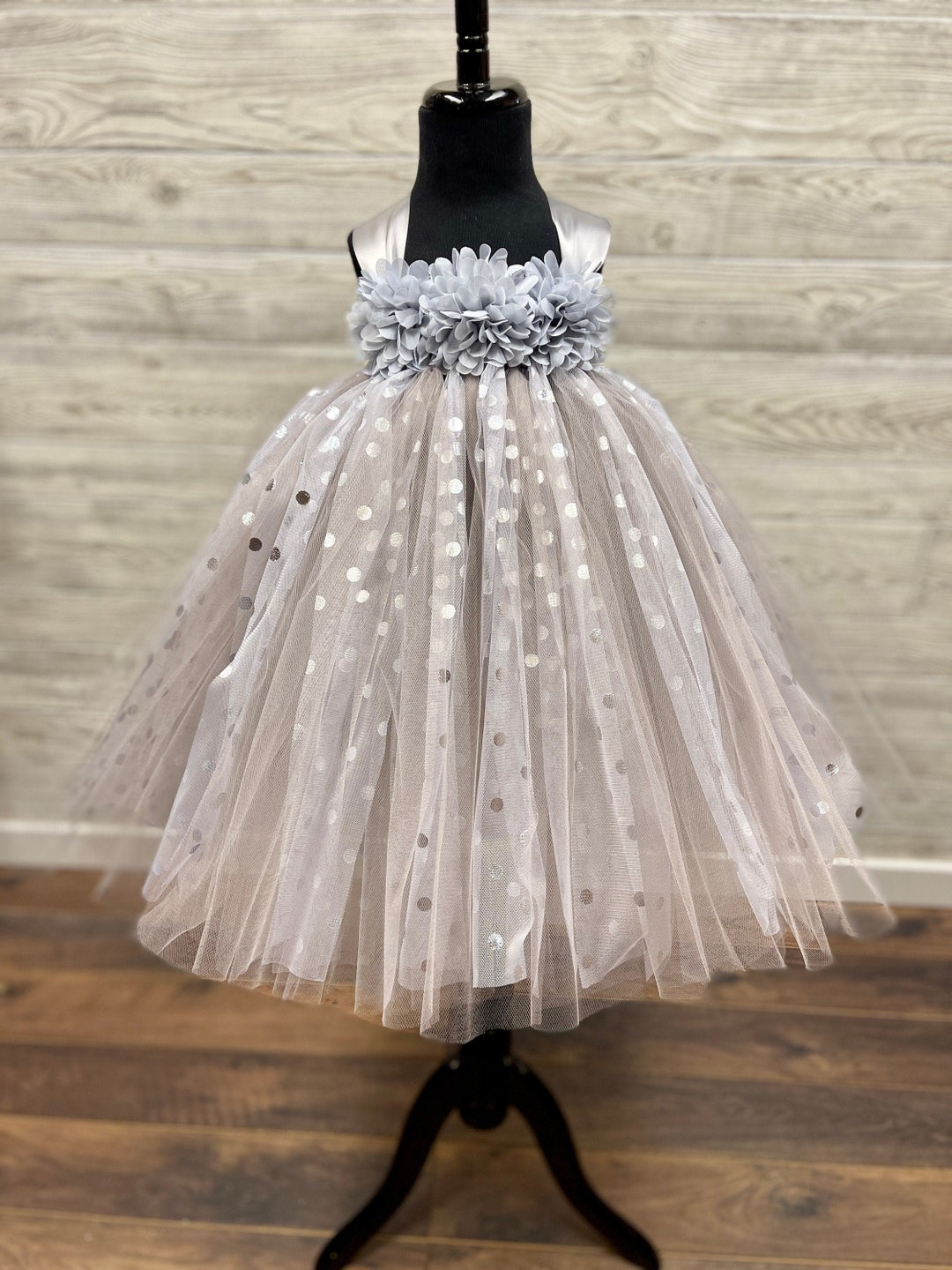 Silver With Silver Polka Dot Princess Tutu Dress for Girls Floral ...
