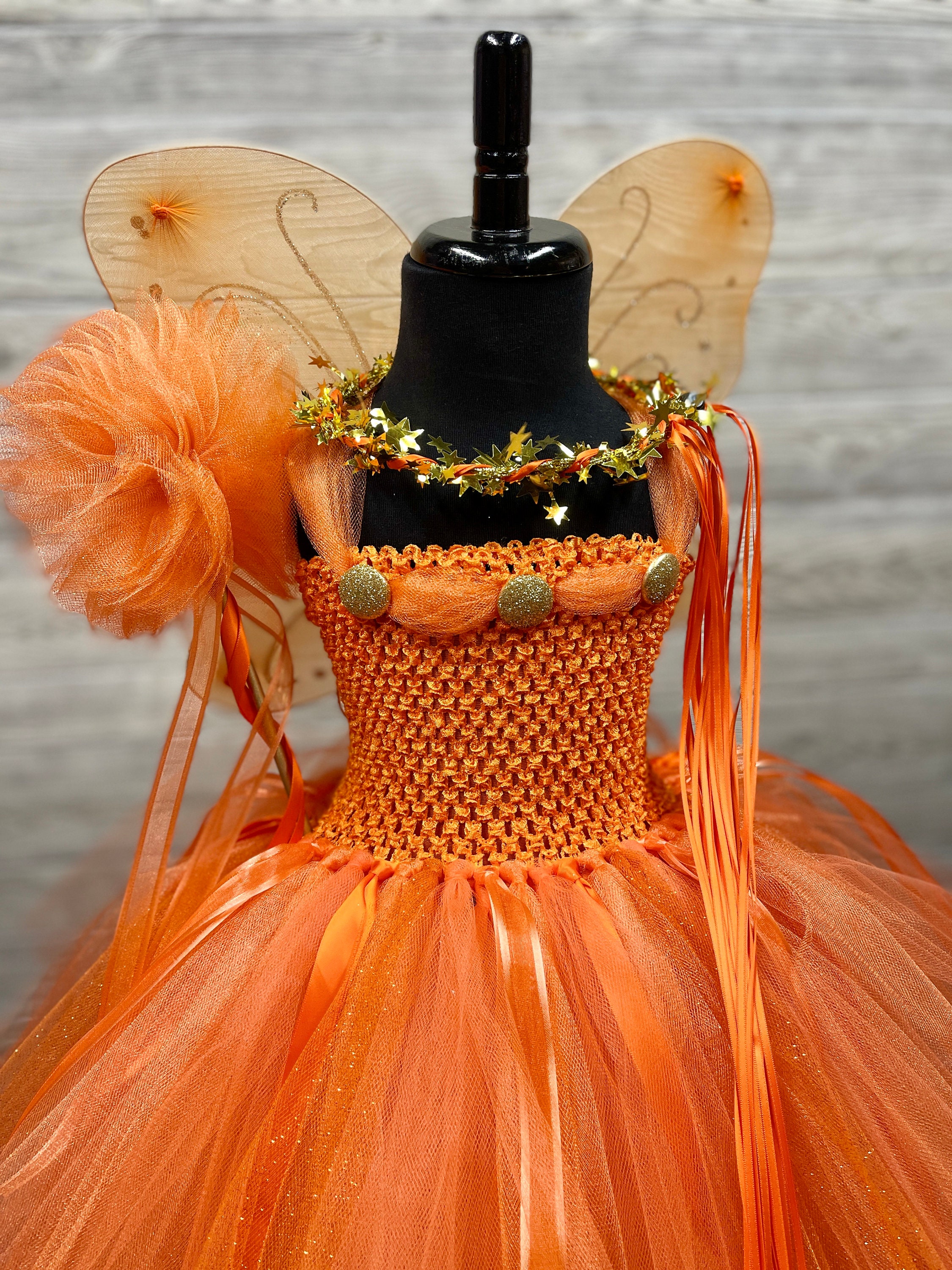 Orange Fairy Princess Birthday Costume W/crown Wand Fairy Wings - Full ...