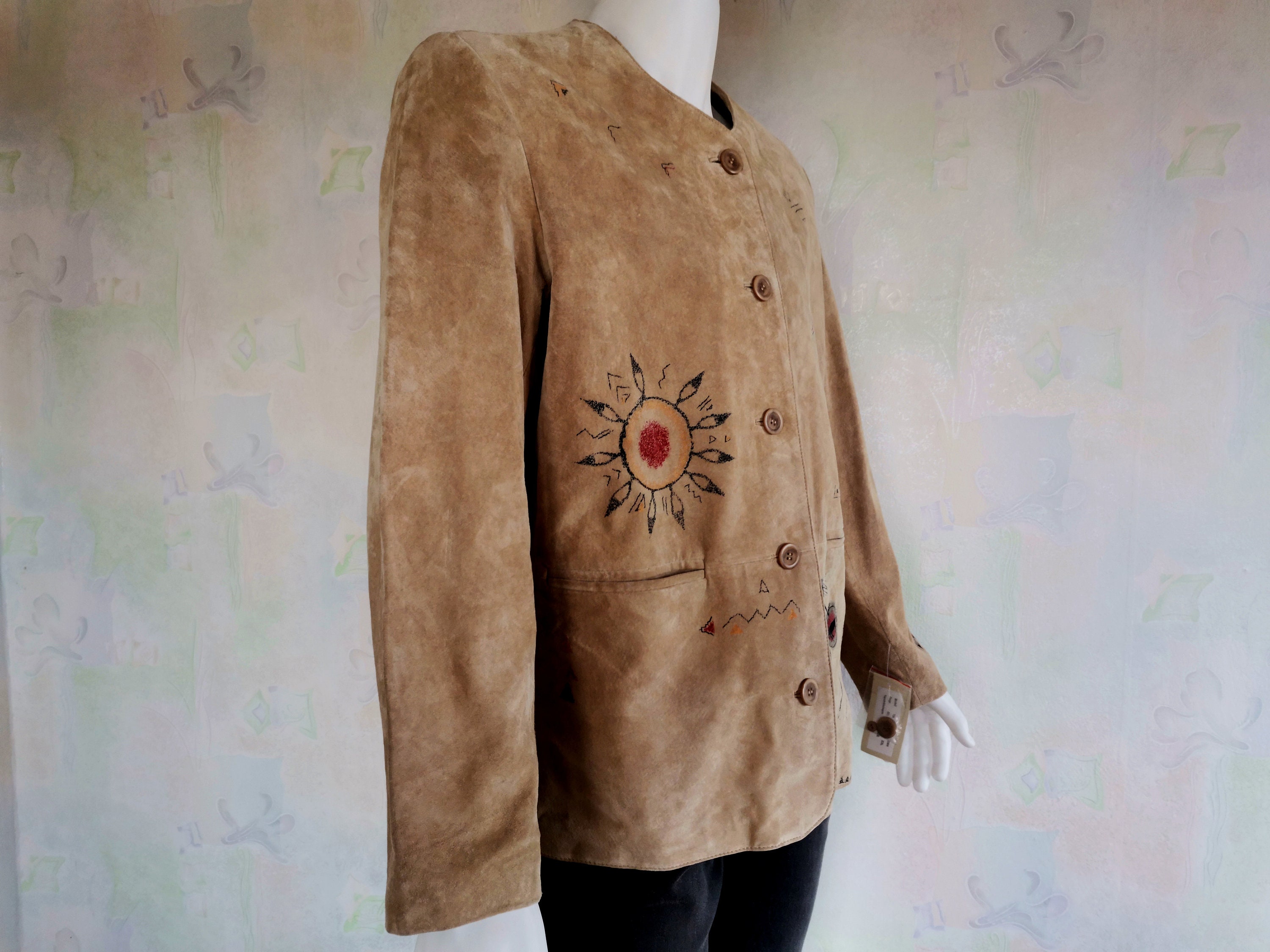 Size Xxl, Hand Painted Hippie Jacket, Genuine Pig Suede Leather, Beige ...