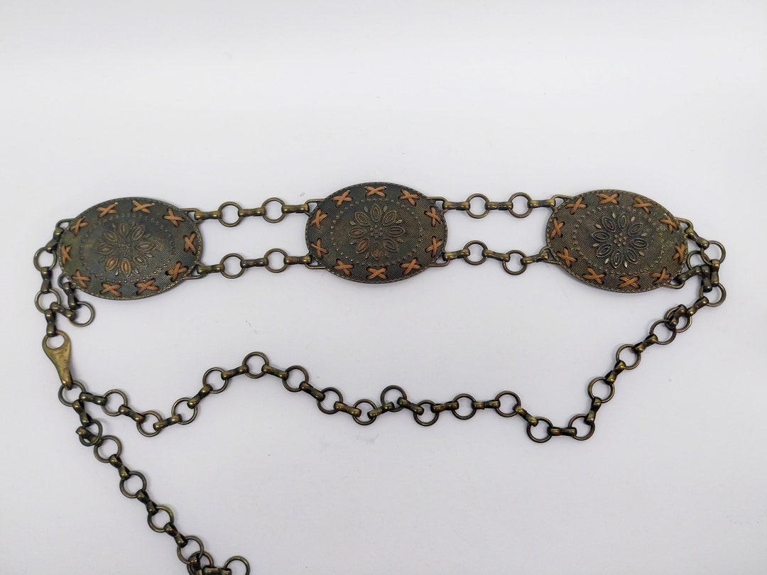 Vintage Brass Ornate Metal Belt, Brass Chain Belt With Cross Stitch ...