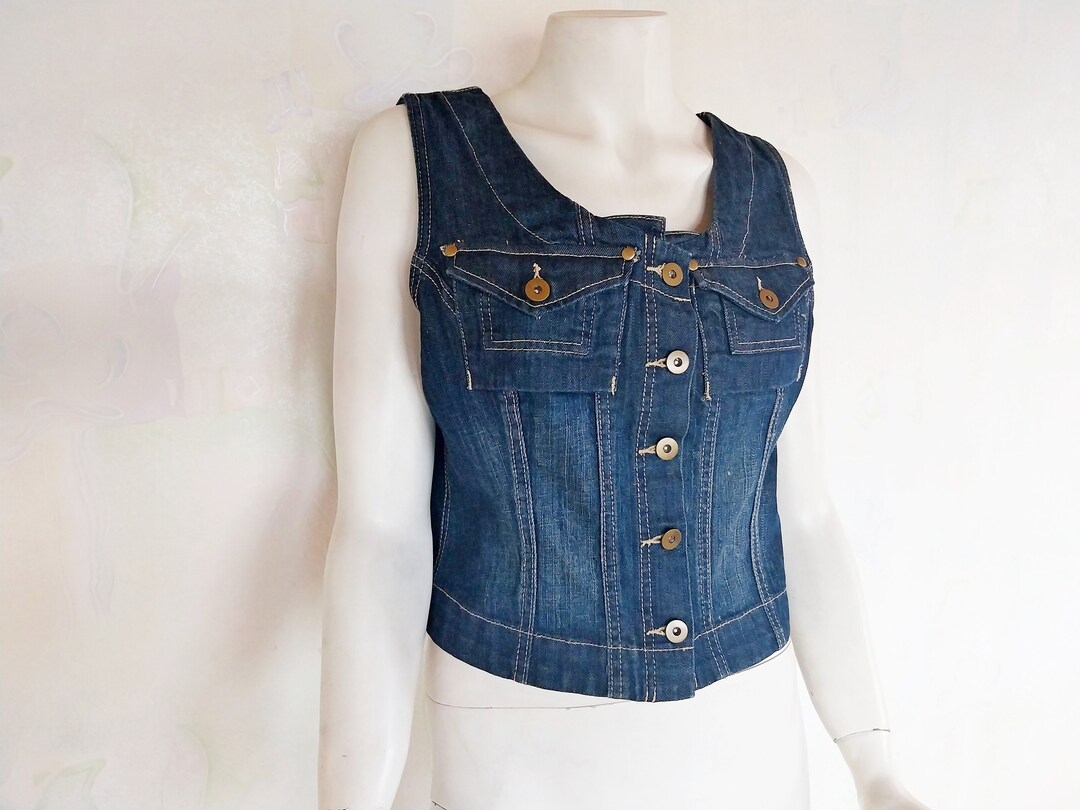 Vintage Women's Denim Cropped Vest, Denim Waistcoat, Blue Cotton Vest, Size 42, Women's Country ...