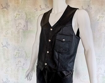 Black Real Leather Men Vest Genuine Leather Motorcycle Bikers - Etsy