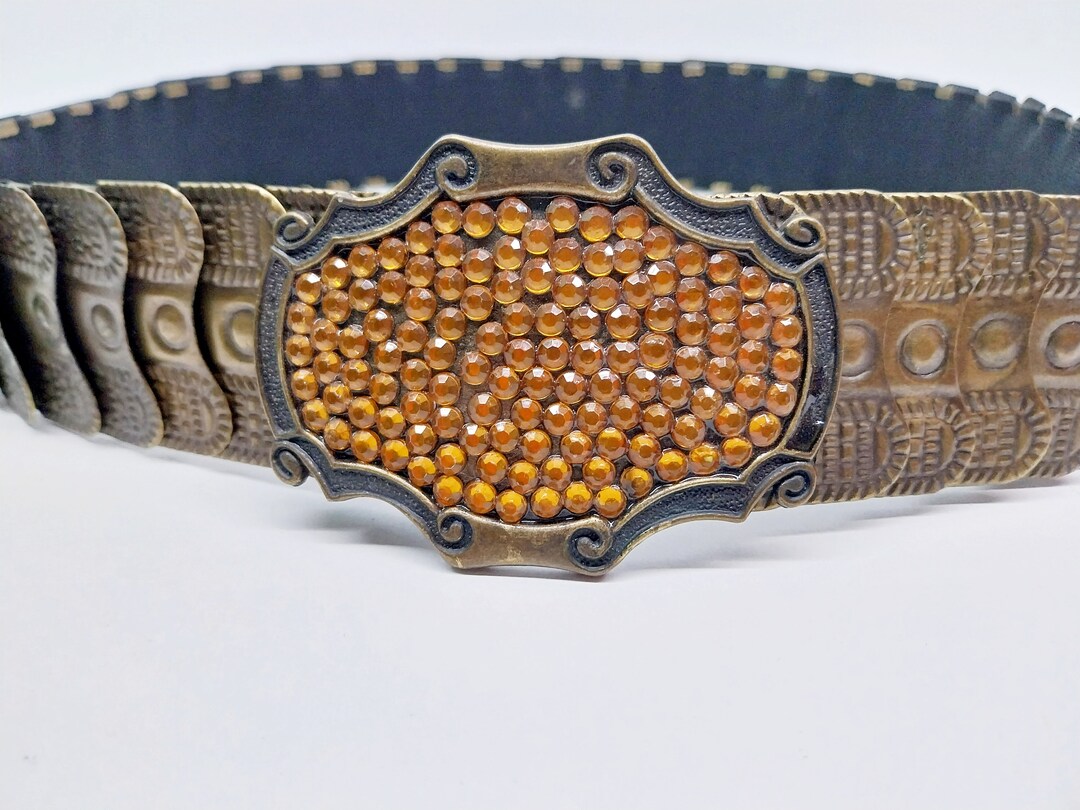 Retro Brass Stretchable Belt, Brass Buckle With Orange Glass Gems, 70s ...