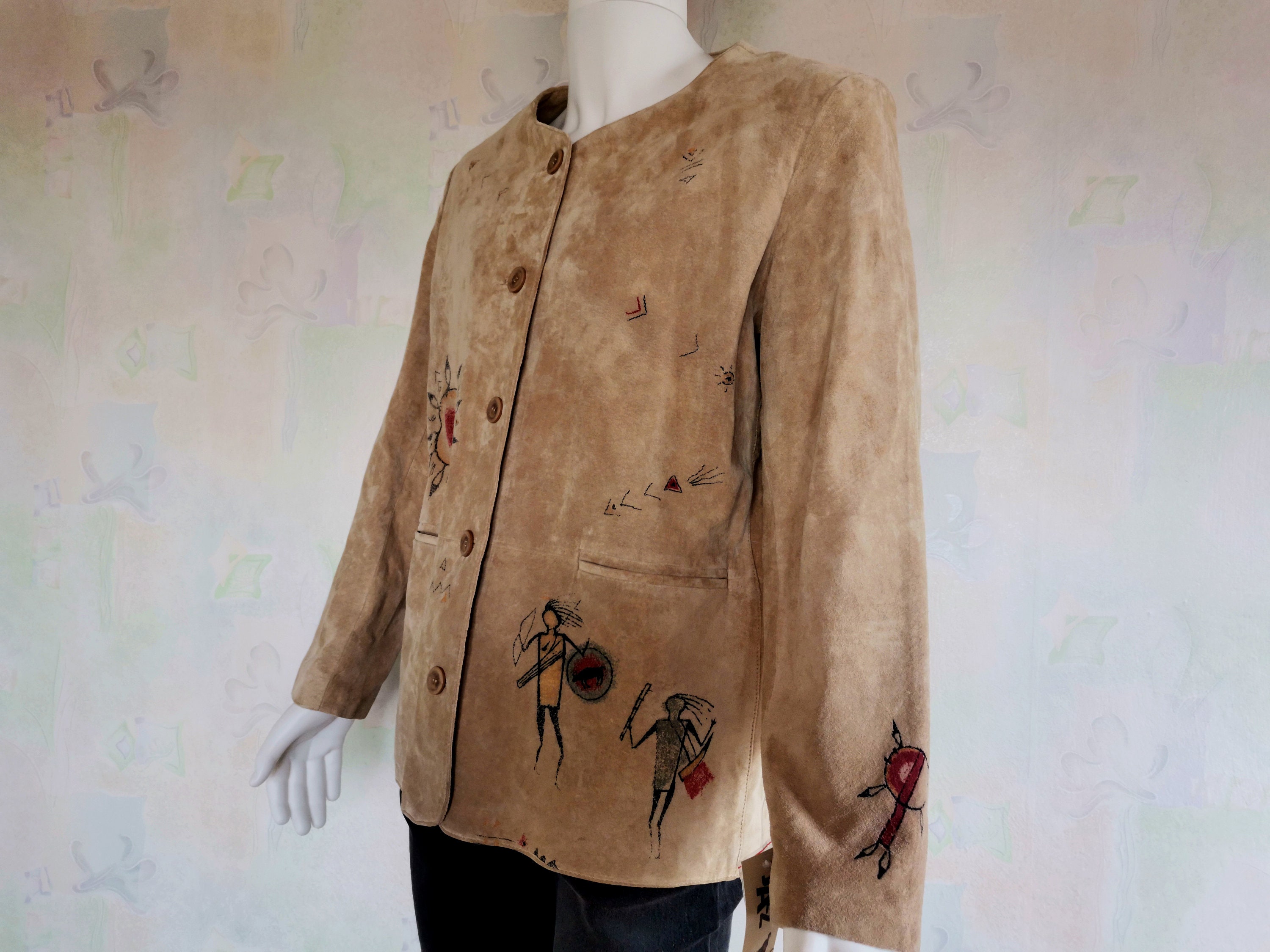 Size Xxl, Hand Painted Hippie Jacket, Genuine Pig Suede Leather, Beige ...