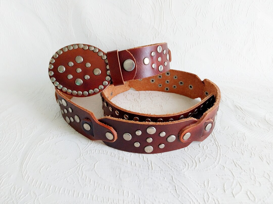 Vintage Studded Leather Belt, Brown Real Leather Belt, Unisex Rocker ...
