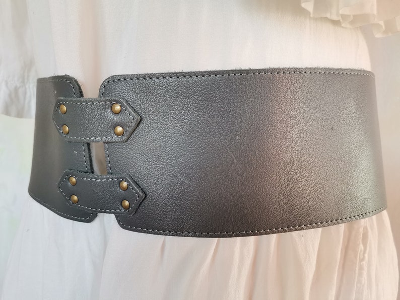 Retro Women's Dress Waist Belt, Genuine Gray Leather, 3.9 Inches Wide ...