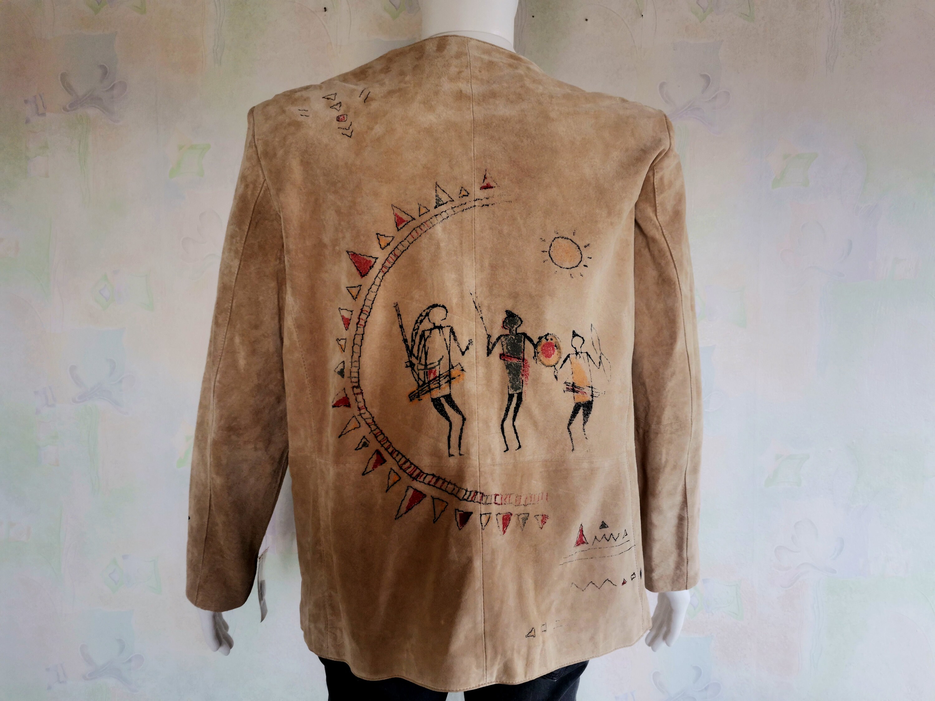 Size Xxl, Hand Painted Hippie Jacket, Genuine Pig Suede Leather, Beige ...