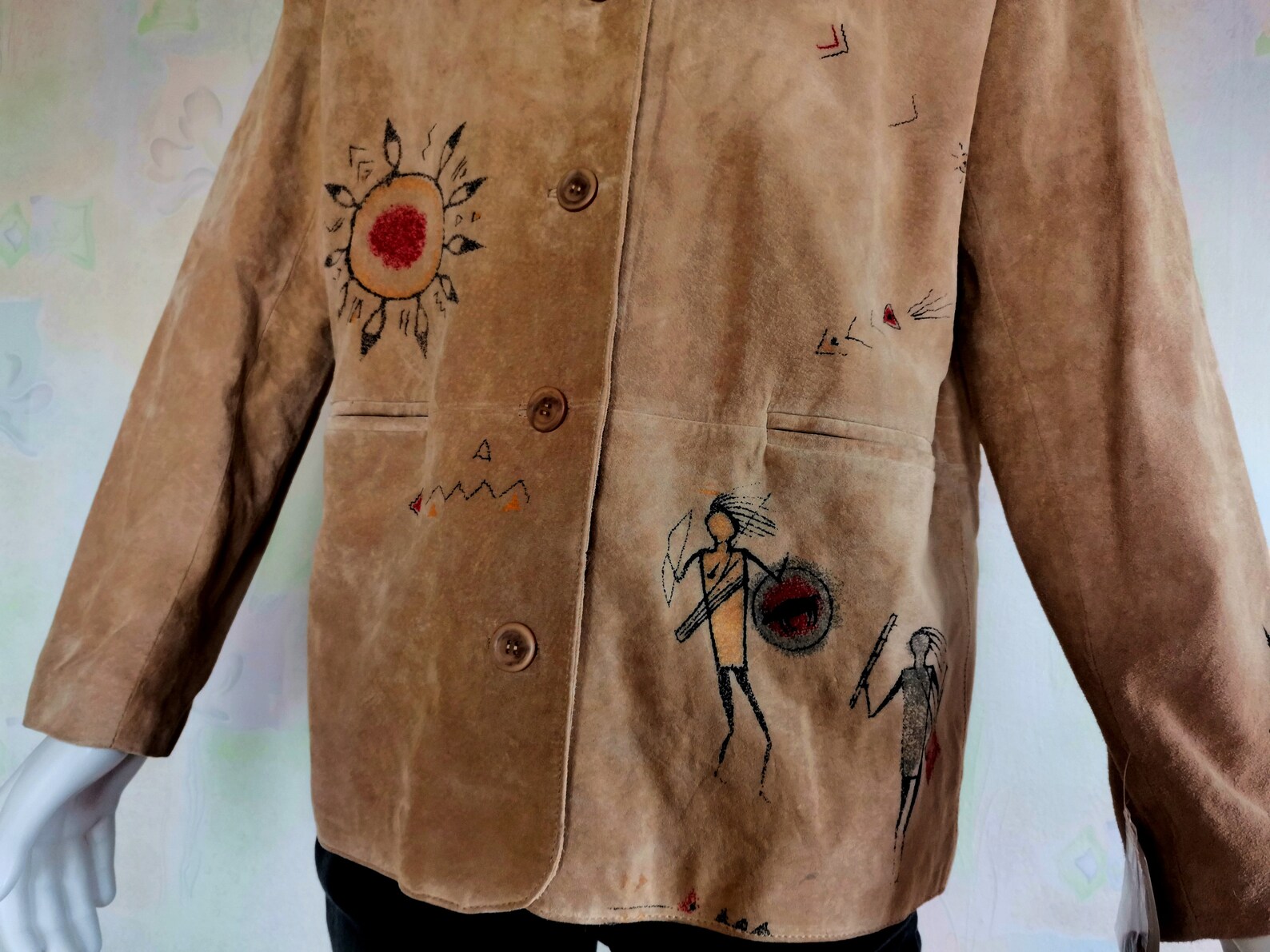 Size Xxl, Hand Painted Hippie Jacket, Genuine Pig Suede Leather, Beige ...