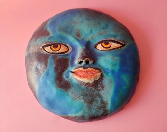 Blue Moon Moon Face Wall Art Handmade Ceramics Unique - Etsy