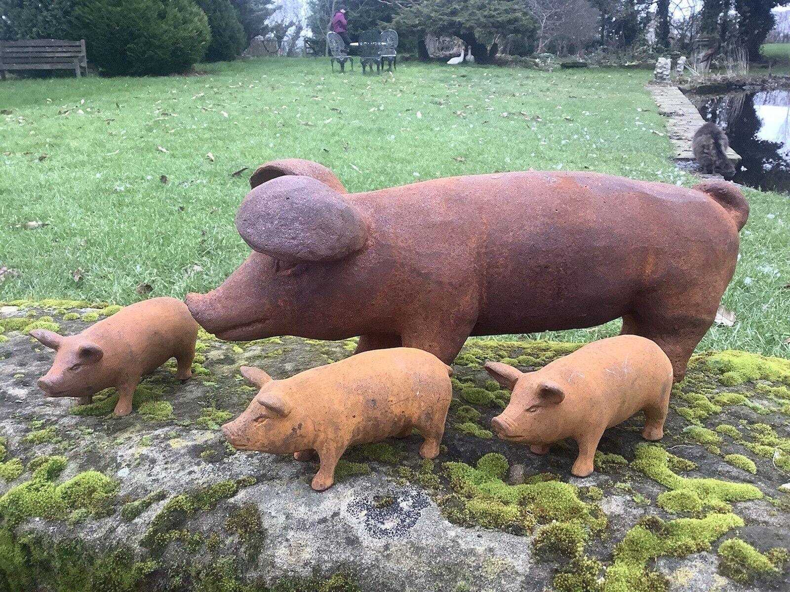 Set of 4 Metal Rusty Cast Iron Pig / Piglet Garden Ornaments - Etsy UK