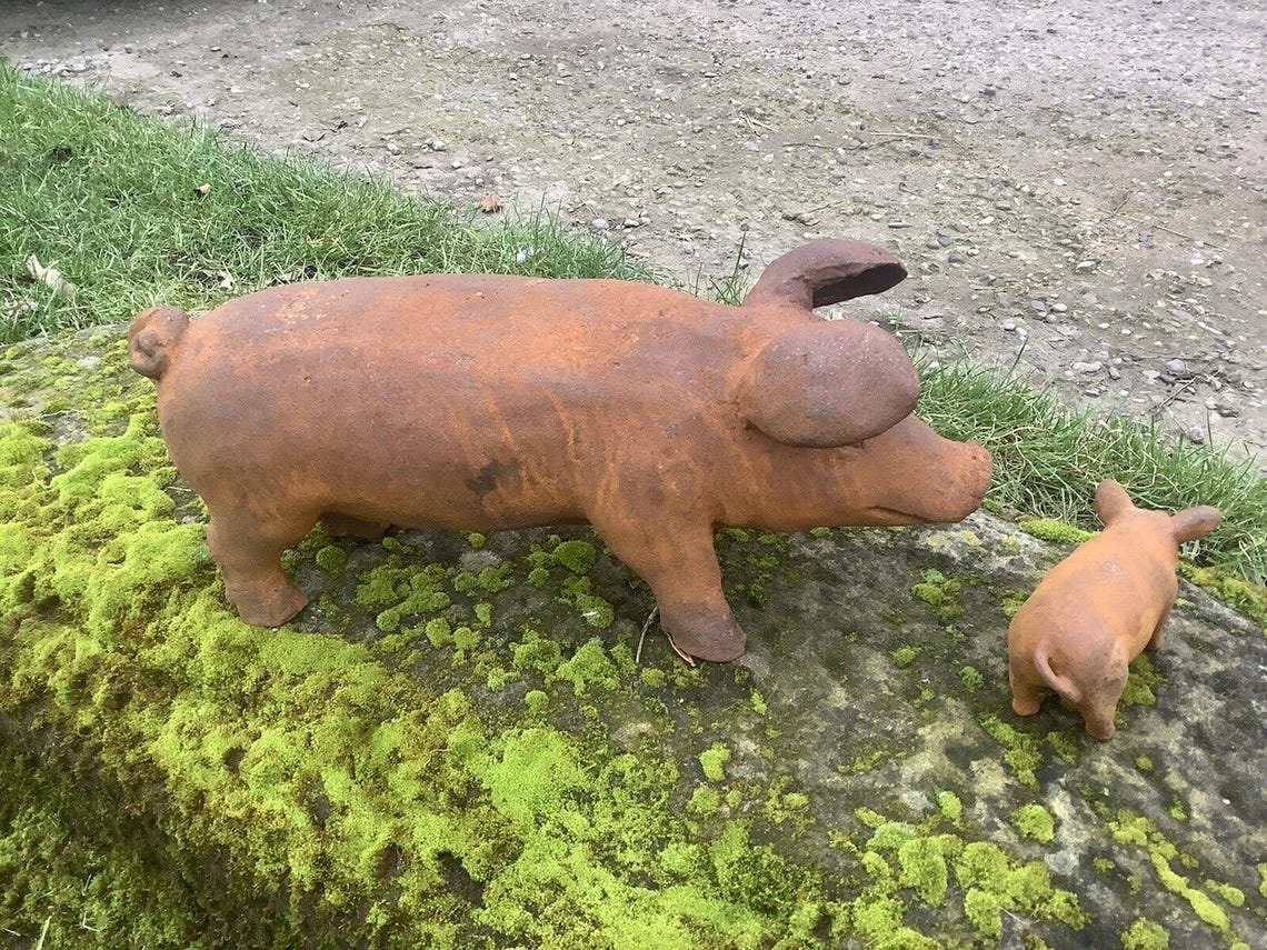 Set of 4 Metal Rusty Cast Iron Pig / Piglet Garden Ornaments - Etsy UK