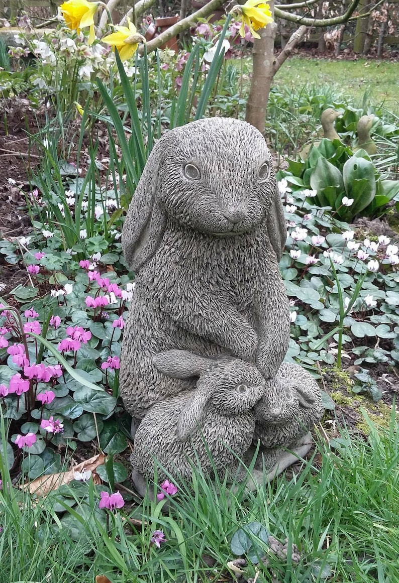 Reconstituted Stone Garden Rabbit Family Ornament Bunny Statue - Etsy UK
