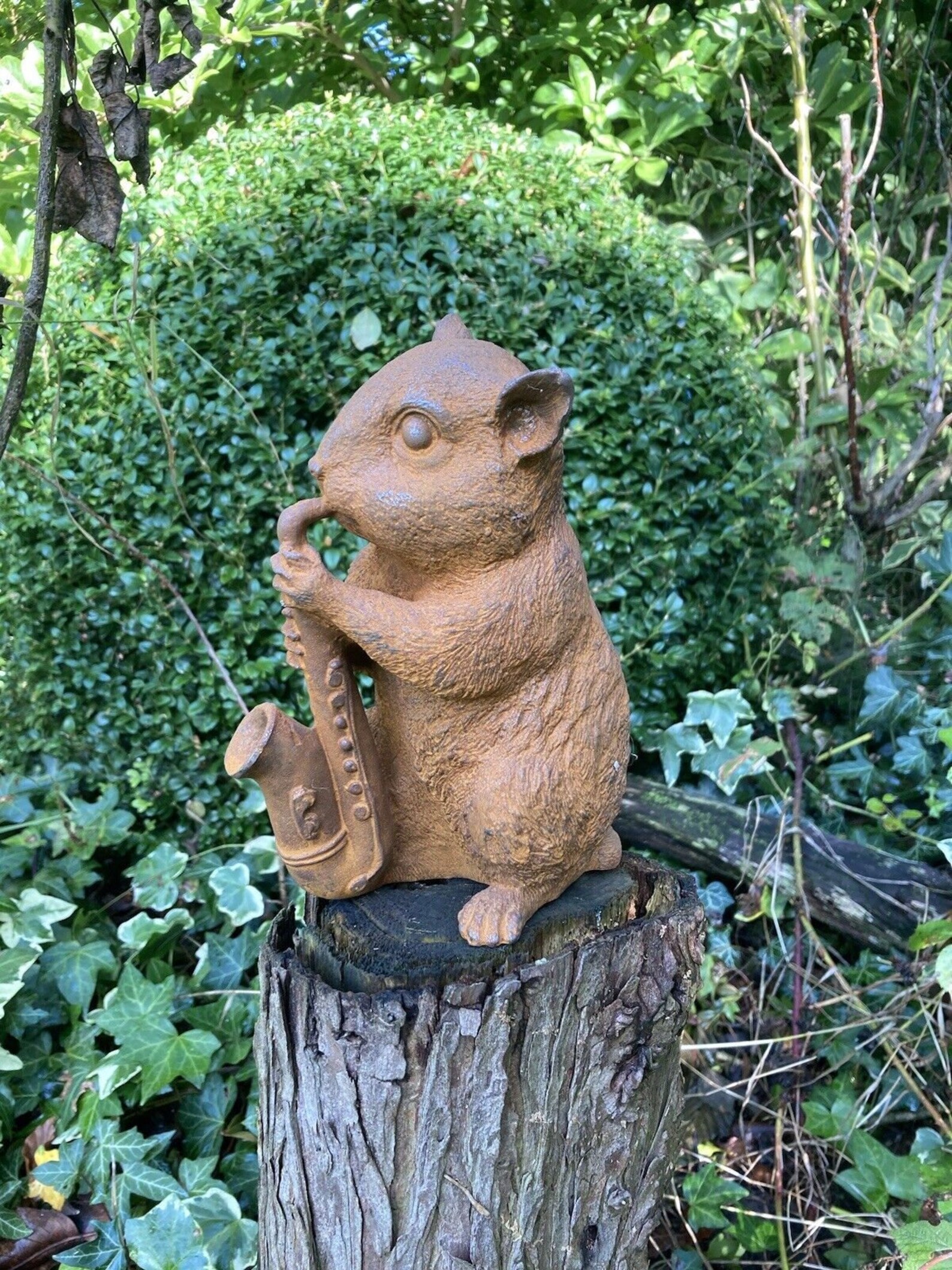 Metal Rusty Cast Iron Saxophone Playing Musical Hamster Garden Ornament ...