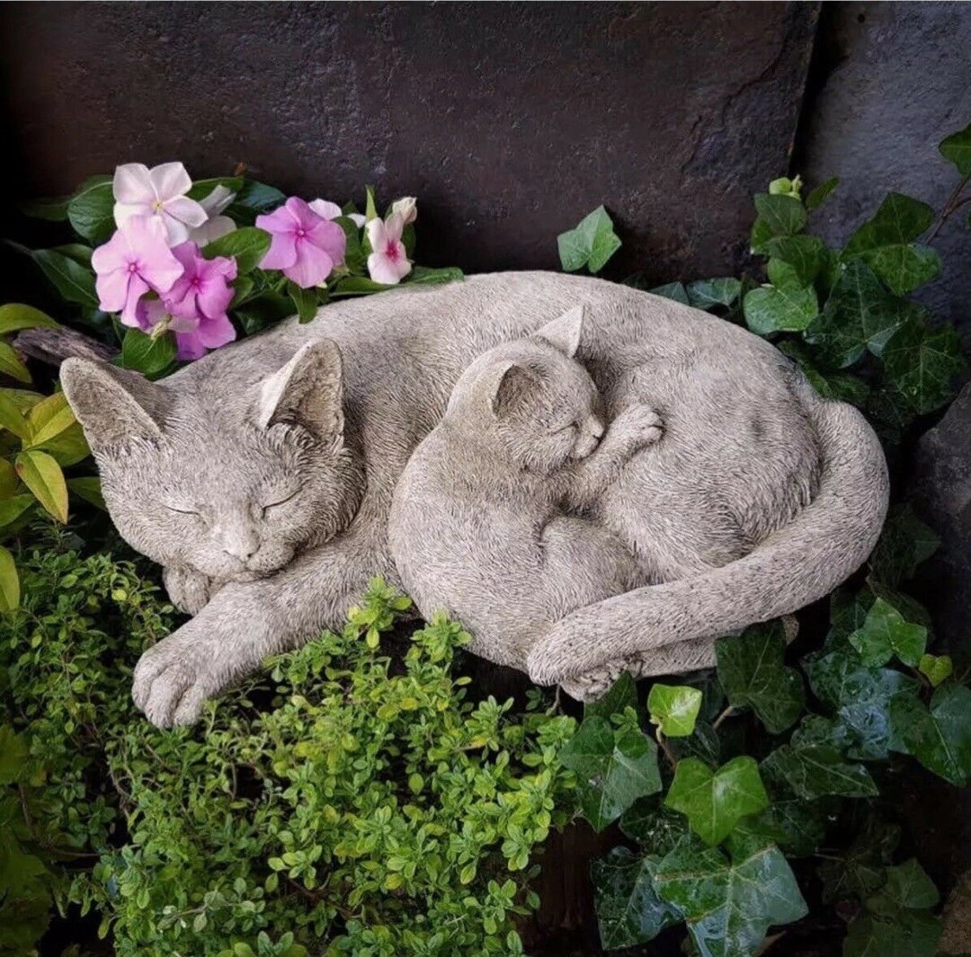 Reconstituted Stone Lying Cat With Kitten - Etsy
