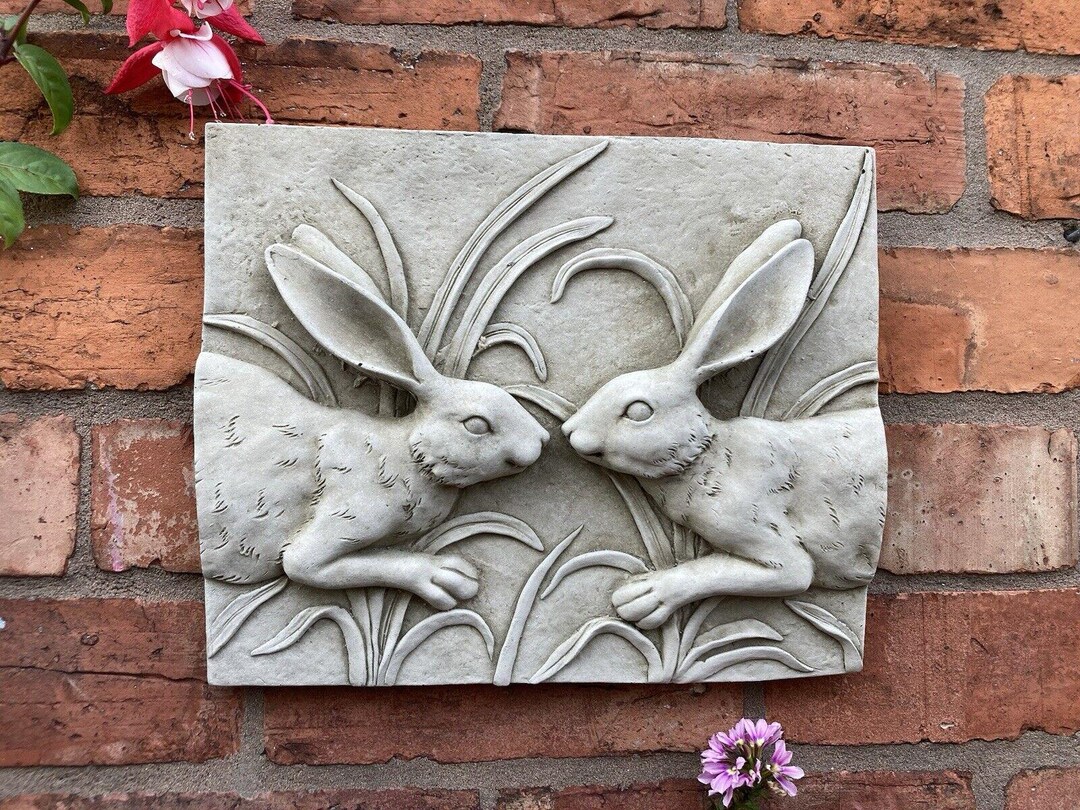 Reconstituted Stone Garden Hare / Rabbits Wall Plaque - Etsy