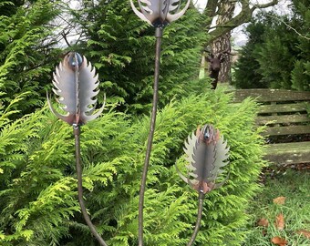 Set of 3 Rusty Metal Thistle Plant Supports / Stands Garden - Steel ...