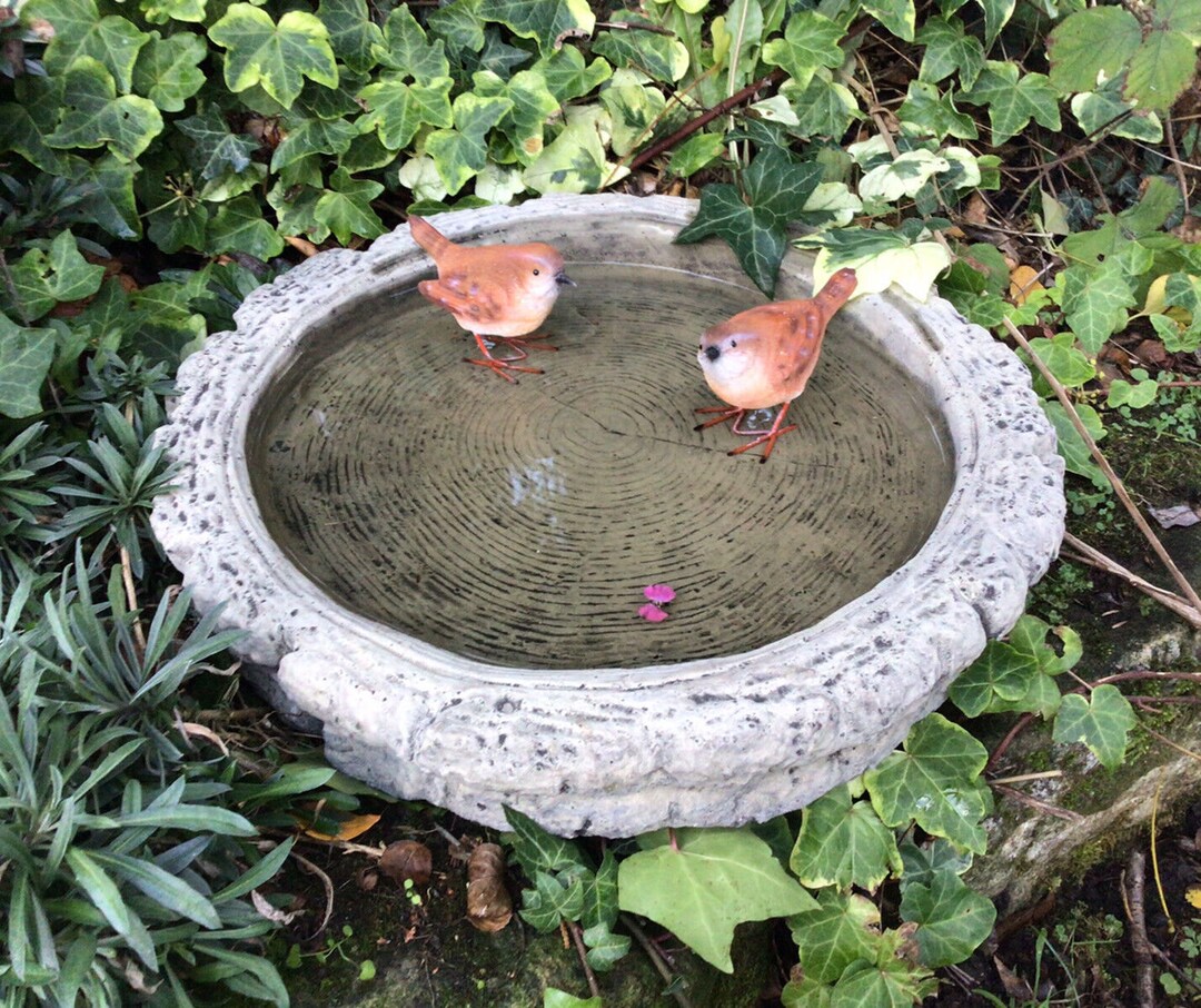 Reconstituted Stone Log Style Bird Bath Top Only (with Resin Birds ...