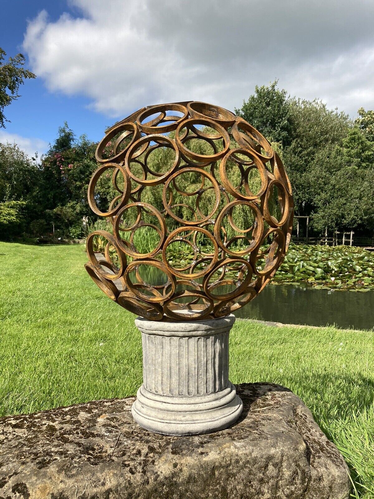 Rusty Metal Garden Open Sphere on Reconstituted Stone Plinth - Etsy UK