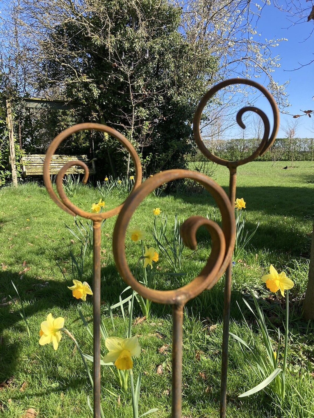 Set of 3 Rusty Metal Circle Swirl Plant Supports Stakes - Etsy UK