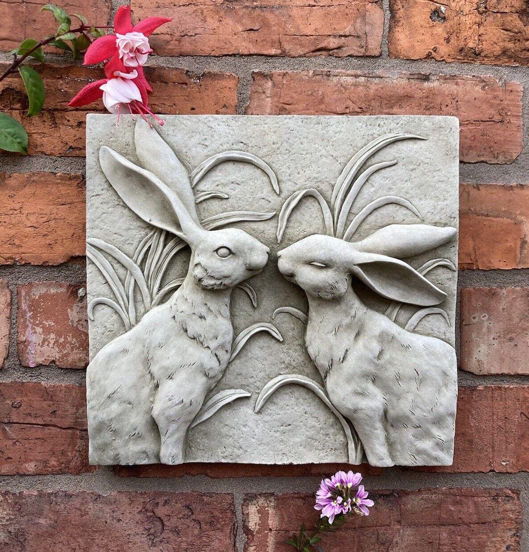 Reconstituted Stone Garden Hare / Rabbits Wall Plaque - Etsy UK