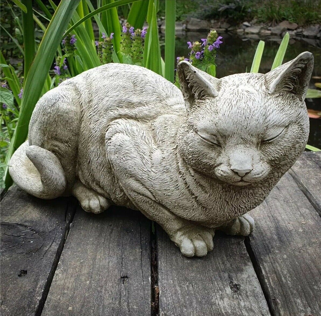 Reconstituted Stone Garden Crouching Cat Statue Ornament - Etsy
