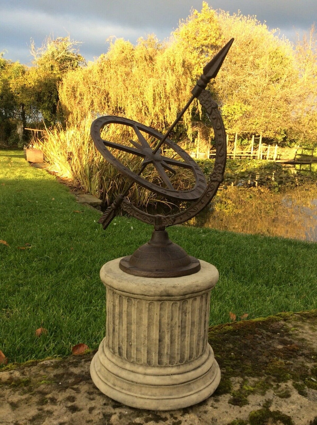 Stone Garden Cast Iron Armillary Sundial on Reconstituted Stone Plinth ...