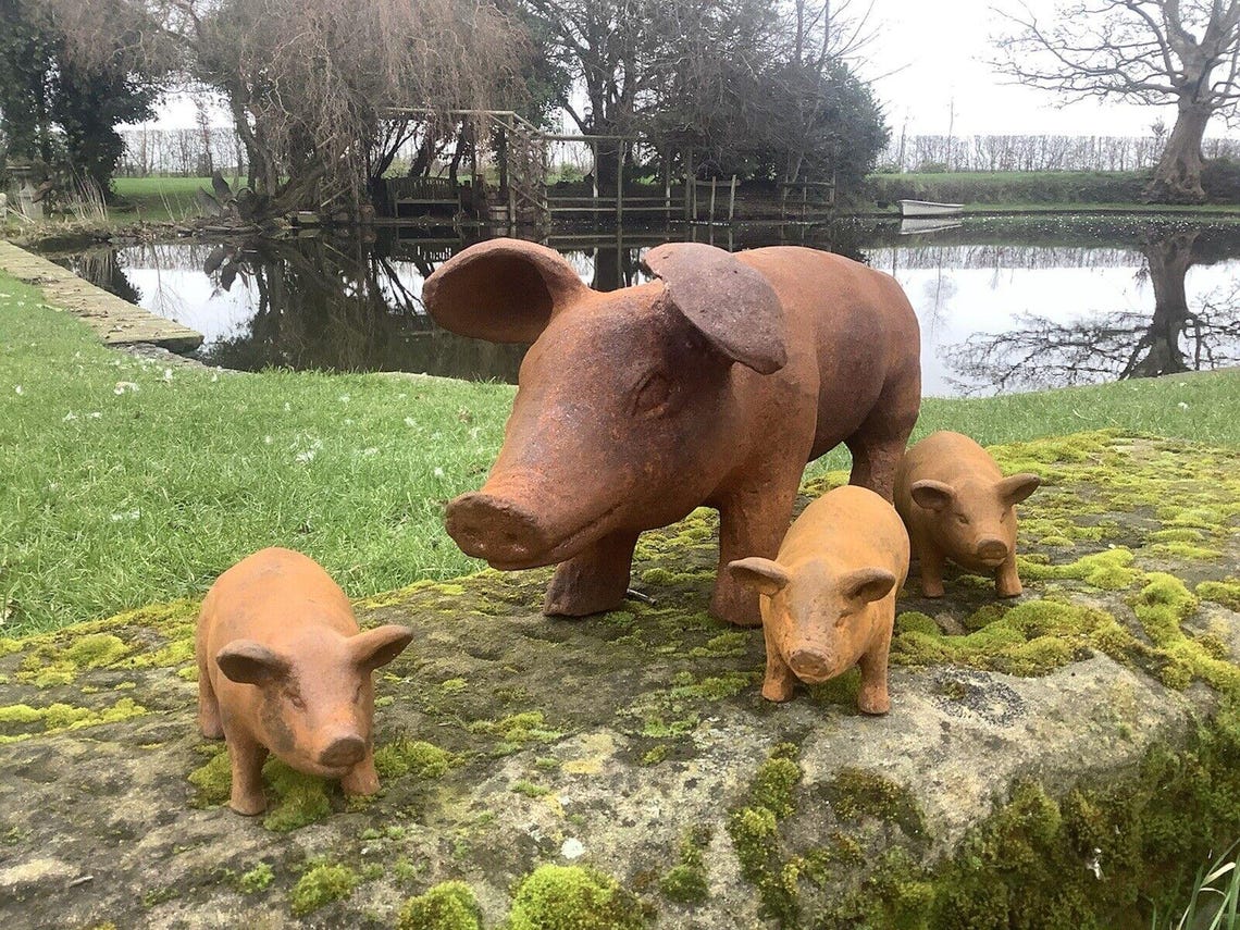 Set of 4 Metal Rusty Cast Iron Pig / Piglet Garden Ornaments - Etsy UK