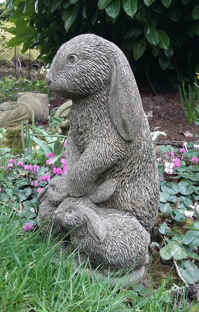 Reconstituted Stone Garden Rabbit Family Ornament Bunny Statue - Etsy UK