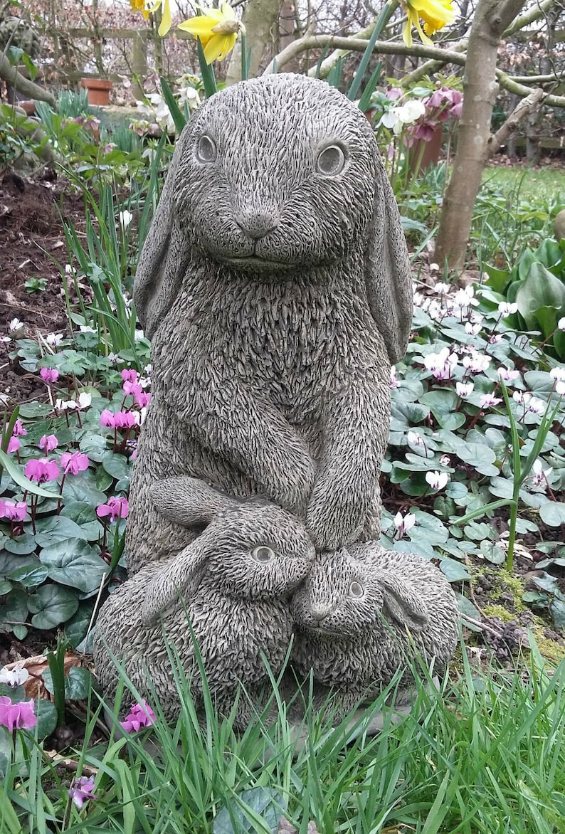 Reconstituted Stone Garden Rabbit Family Ornament Bunny Statue - Etsy UK